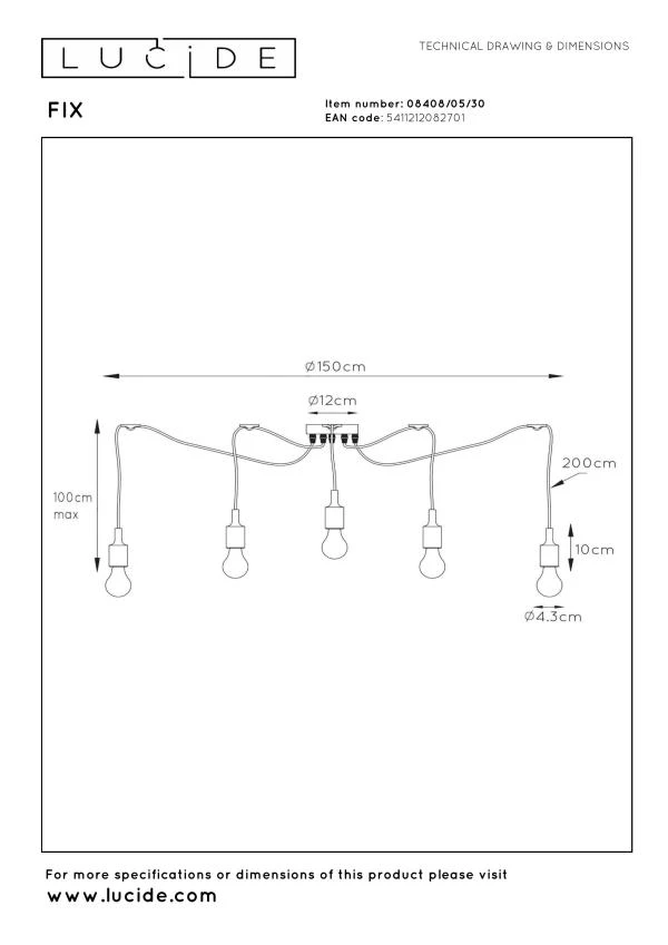 Lucide FIX - Hanglamp - 5xE27 - Zwart