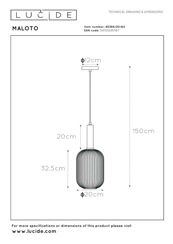 Lucide MALOTO - Pendant light - Ø 20 cm - 1xE27 - Amber