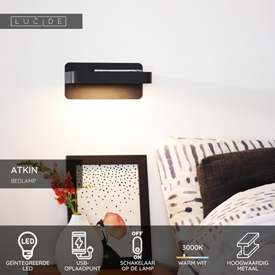 Lucide BOXER - Bedlamp / Wandlamp - LED - 3000K - Met USB oplaadpunt ...