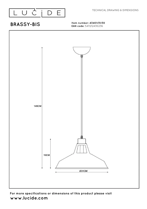 Lucide BRASSY-BIS - Pendant light - Ø 31 cm - 1xE27 - Black
